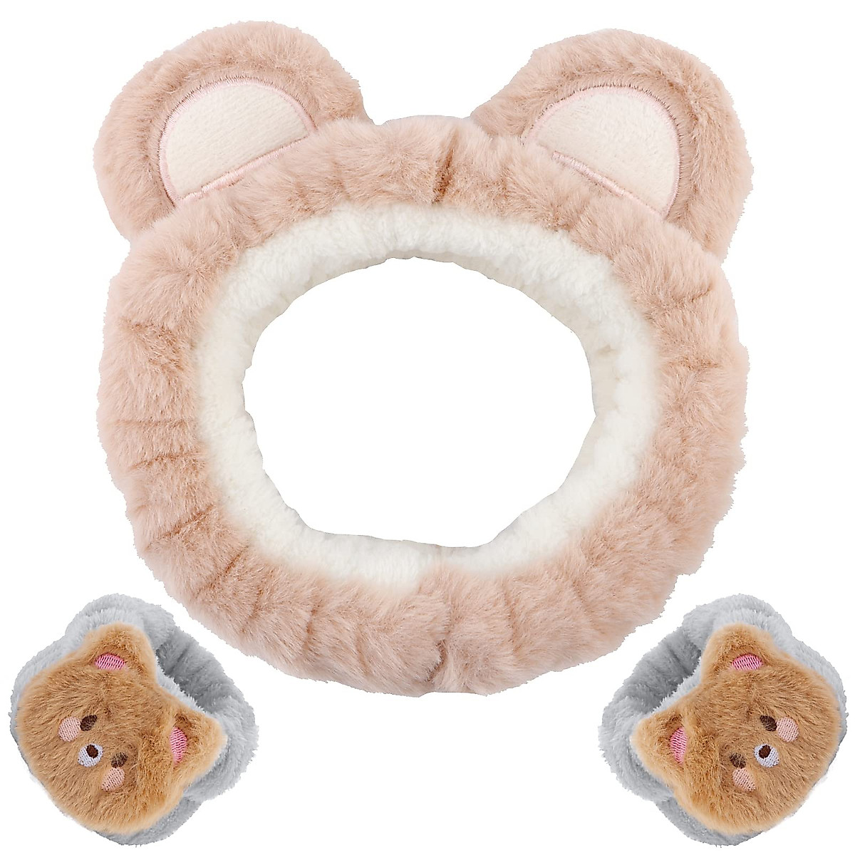 WHAVEL Hairband 3Pcs, Spa Headband and Wristband Set with Cute Bear Ears, Face Wash Headband Facial Headband Wrist Bands for Women, Girls (Coffee 01)
