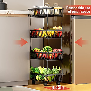 Fruit Vegetable Basket, 4 Tier Fruit Vegetable Storage Cart, Vegetable Basket Bins Rack for Onions and Potatoes, Rolling Utility Cart for Kitchen Pantry Bedroom Living Room, with Handle