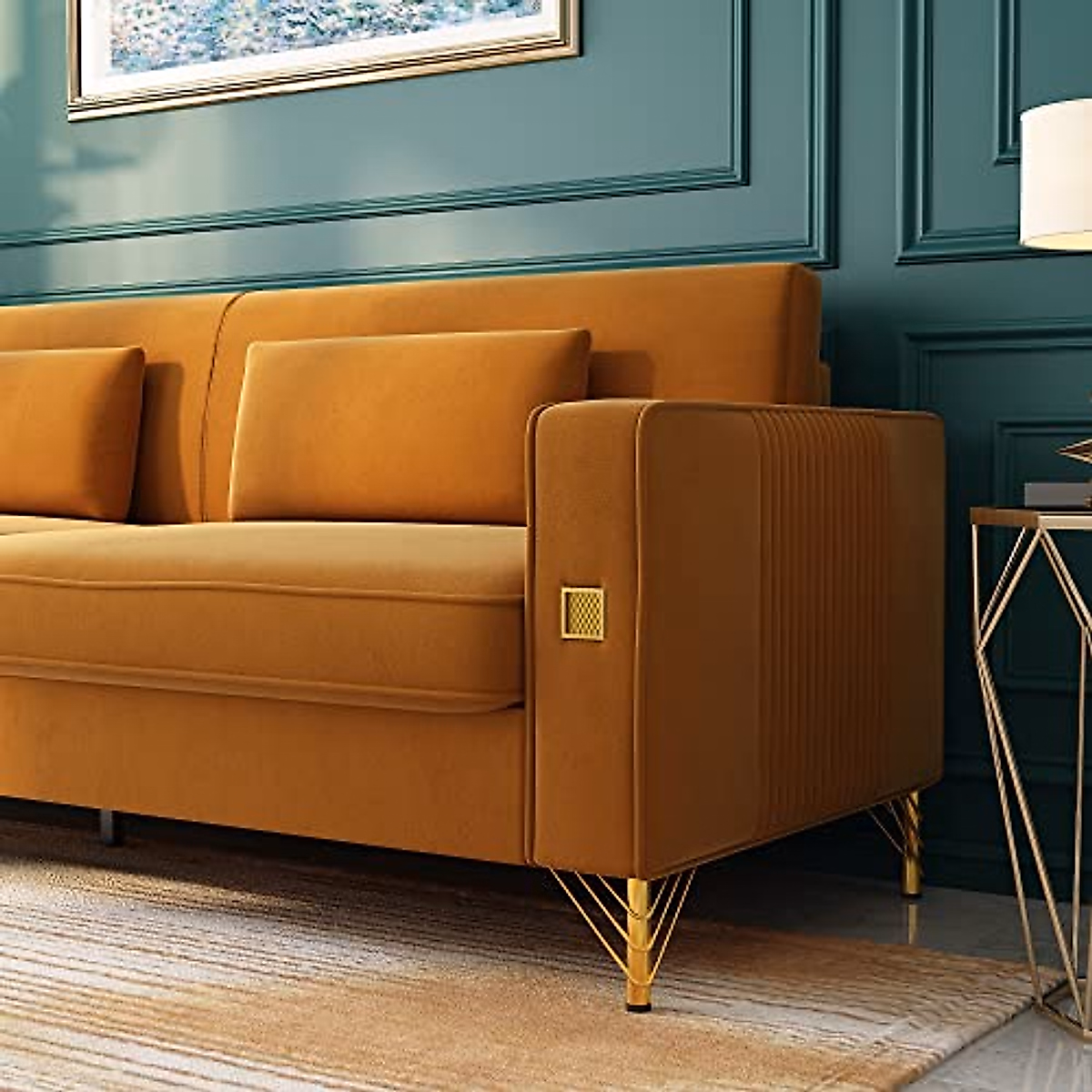 ANTTYBALE 85.63" Velvet Sofa,Modern Loveseat Couch with Pillows Set of 2 for Living Room,Bedroom,Apartment Furniture with Gold Metal Legs (Orange)