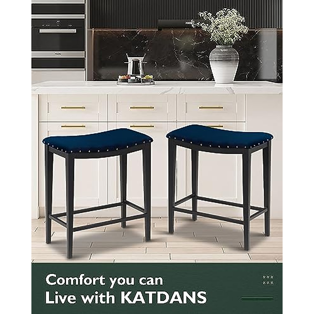 KATDANS Blue Bar Stools Set of 2 Counter Height 24 Inches Backless Barstools for Kitchen Counter Modern Saddle Stools Velvet Nailhead Upholstered Stools, KS718PBL, 2Pcs