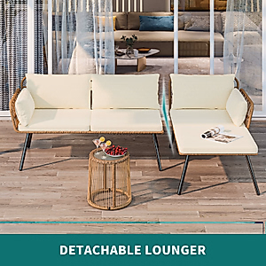 YITAHOME 3 Pieces Patio Furniture Set, Outdoor Wicker Conversation Sectional L-Shaped Sofa with 4 Seater for Backyard, Porch, Boho Detachable Lounger with Cushions and Coffee Table - Beige