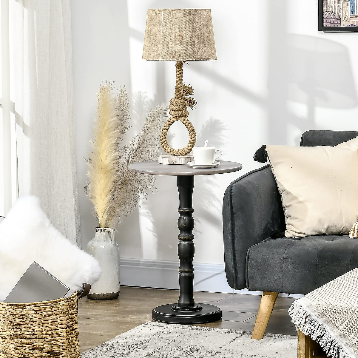 HOMCOM Pedestal Side Table, Round End Table with Wooden Leg, Retro Accent Table for Small Spaces, Living Room, Bedroom, Light Gray