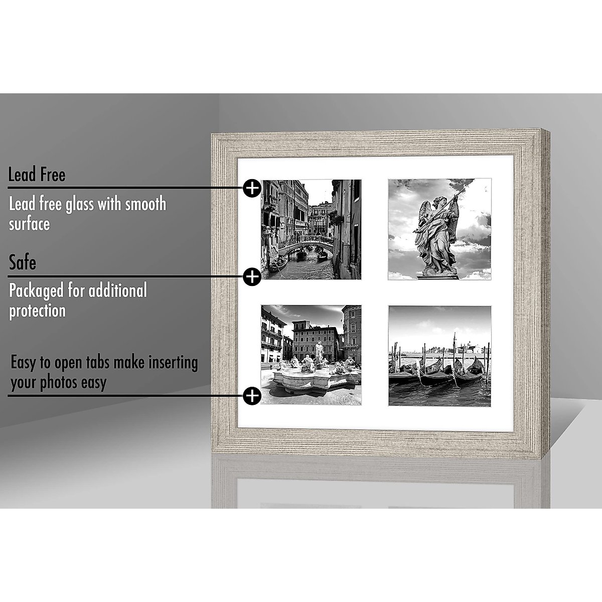 Americanflat 10x10 Collage Picture Frame in Driftwood - Displays Four 4x4 Frame Openings - Engineered Wood Square Picture Frame with Shatter Resistant Glass, and Includes Hanging Hardware for Wall