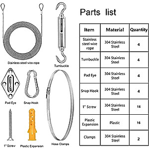 Shade Sail Hardware Kit, Sun Shade Hardware Kit with 304 Stainless Steel Wire Rope for Square/Rectangle/Triangle Sun Shade Sails, Anti-Rust Stainless Steel Accessories for Outdoor (6 inch, 50 pcs)