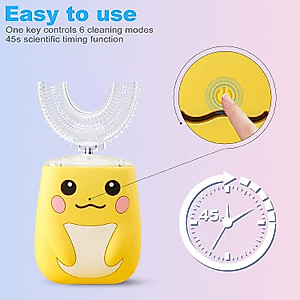 Kids Electric Toothbrush, U Shaped Ultrasonic Automatic Tooth Brush,Toothbrush with 2 Brush Heads,Six Cleaning Modes,IPX7 Waterproof,Cartoon Modeling Design for Toddler Children, Age 2-7 Yellow