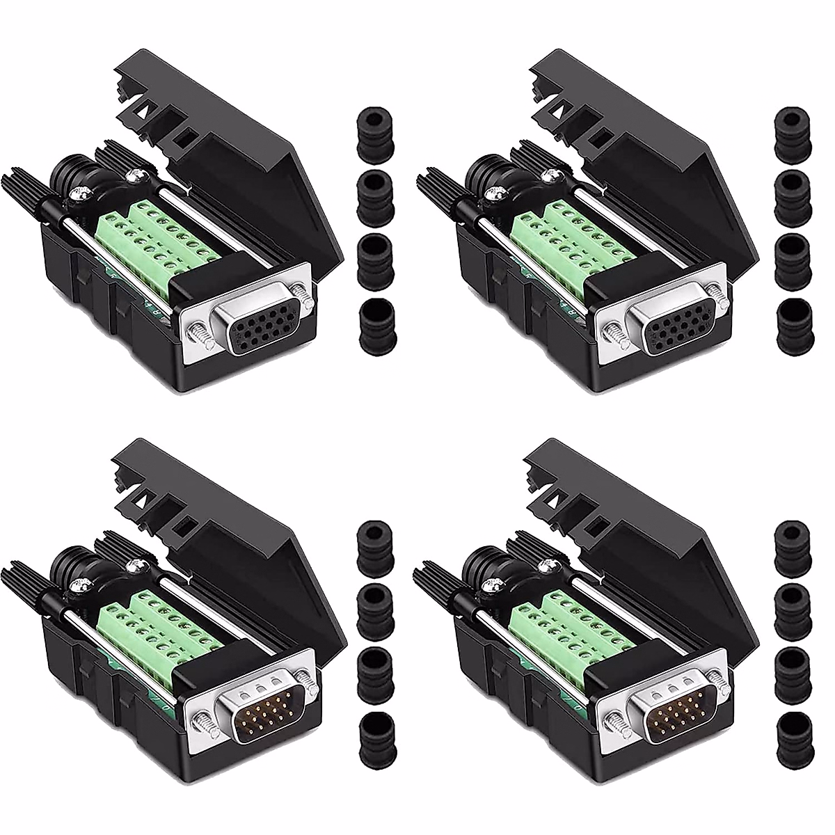 Jienk 4Packs VGA DB15 3 Row Solderless Male/Female Quick Connector, 3+9 D-SUB 15 Pin Port Terminal Solderfree Breakout Connector Board with Case Accessories Long Bolts