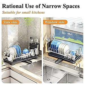 Small Dish Drying Rack, Aluminum Dish Rack with Utensil Holder, Anti-rust Dish Racks for Kitchen Counter Multifunctional Dish Drainer with Drainboard, Drying Rack for Dishes, Knives, Spoons, and Forks