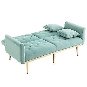Accent Sofa, Tufted Loveseat Sofa, Convertible Sofa Bed with Two Pillow, Sleeper Sofa Couch with Metal Legs and Adjustable Backrest, Modern Recliner Sofa for Living Room, Bedroom, Offices, Mint Green