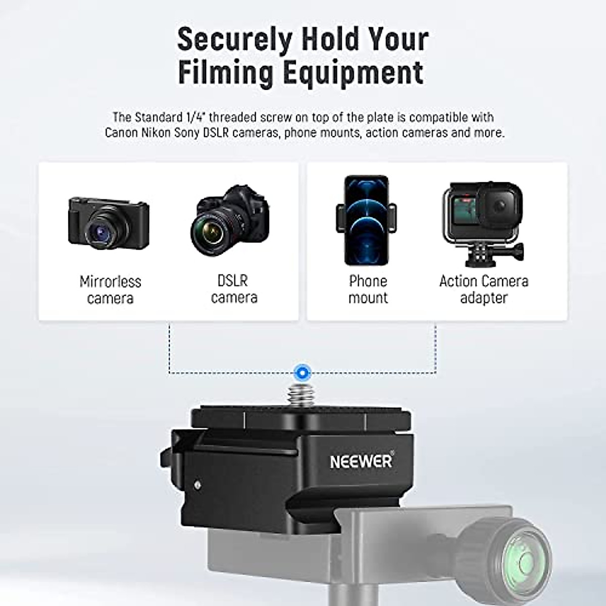 NEEWER Quick Release Plate, Camera Mount Adapter with 1/4" and 3/8" Screw Thread, Quick Release System for Tripod, Monopod, Stabilizer, Slider, Max. Load 11lb/5kg (QRP-1)