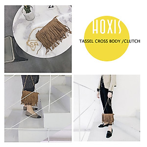 HOXIS Fringe Cross Body Bag Womens Small Shoulder Bag Top Zip Wristlet Brown