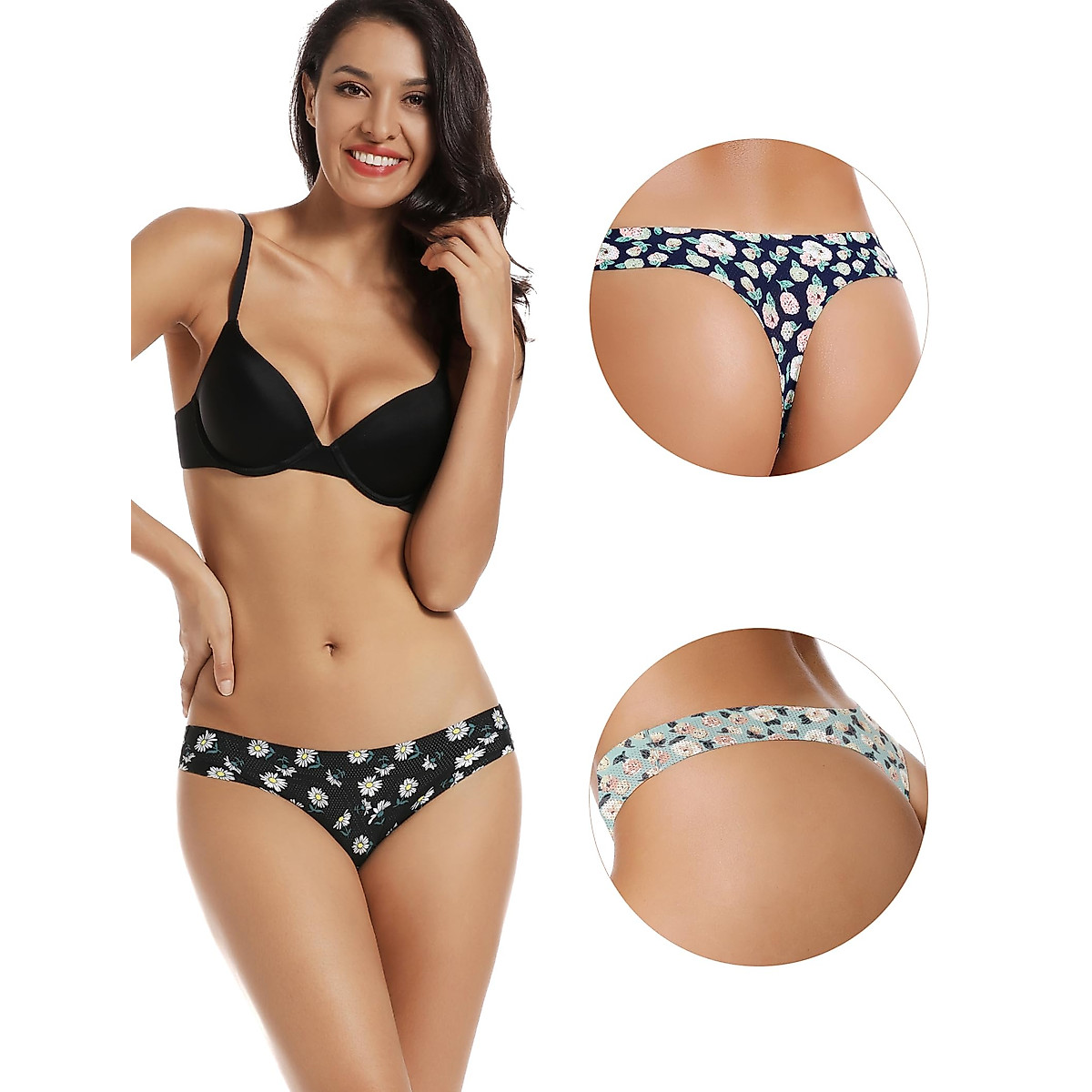 Seamless Women Underwear Thongs Multipack,No Show Ladies Thong,Invisible No Line Breathable Comfortable Panties Undies,Womens No Seam Soft Wide Gusset Tanga,Floral Microfiber Legging Underpants,5-Pack