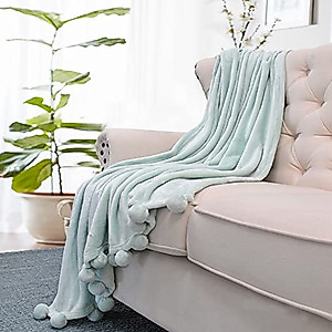 Home Soft Things Pompom Bed Couch Throw Blanket, 50'' x 60'', Harbor Blue, Fuzzy Soft Comfy Warm Decorative Throw Blanket for Living Room Bedroom Suitable for All Seasons