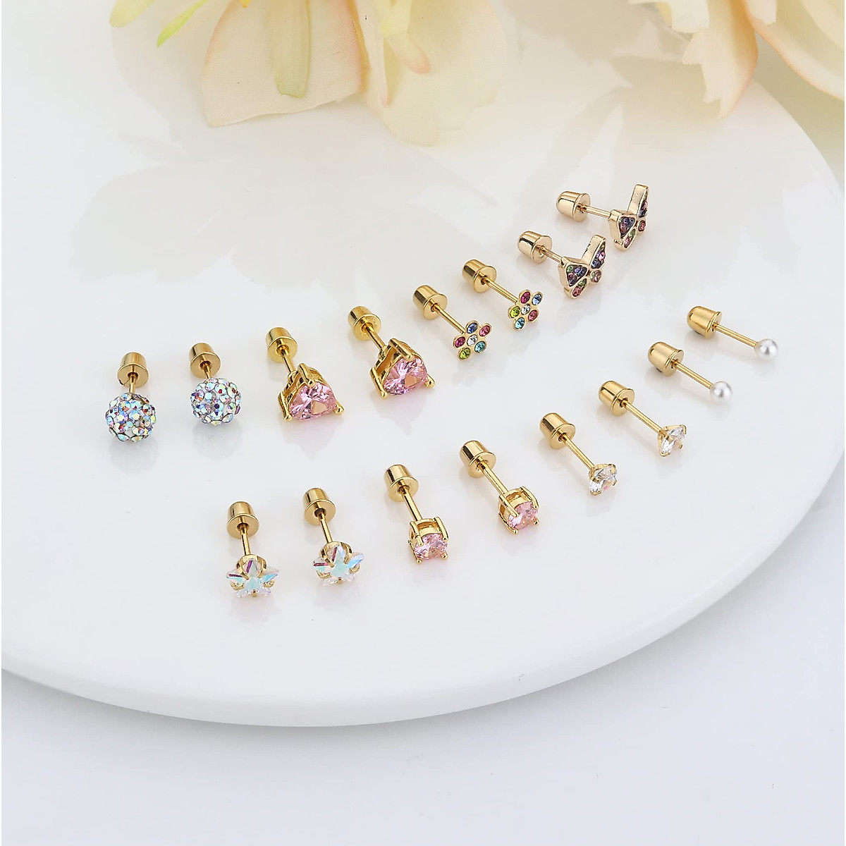 FIBO STEEL 8 Pairs Hypoallergenic Screw back Earrings for Women 316L Stainless Steel CZ Heart Pearl Flower Butterfly Screw Back Stud Earrings Pack Gold