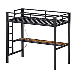 METAN Metal Loft Bed with Desk, Metal Loft Bed Frame with LED Light, Metal Bed with Desk with Charging Outlets, Noise-Free, Space-Saving, Black, Assembly Required