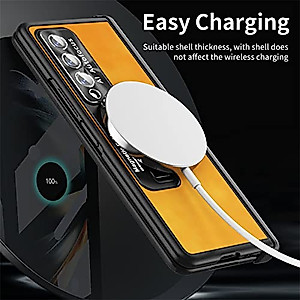 Soyeacrg Case for Samsung Galaxy Z Fold 5, Magnetic Hinge Protection Luxury Genuine Italian Nappa Leather Ultra-Thin Slim Fit Full Protection Case for Samsung Z Fold 5 2023,Yellow