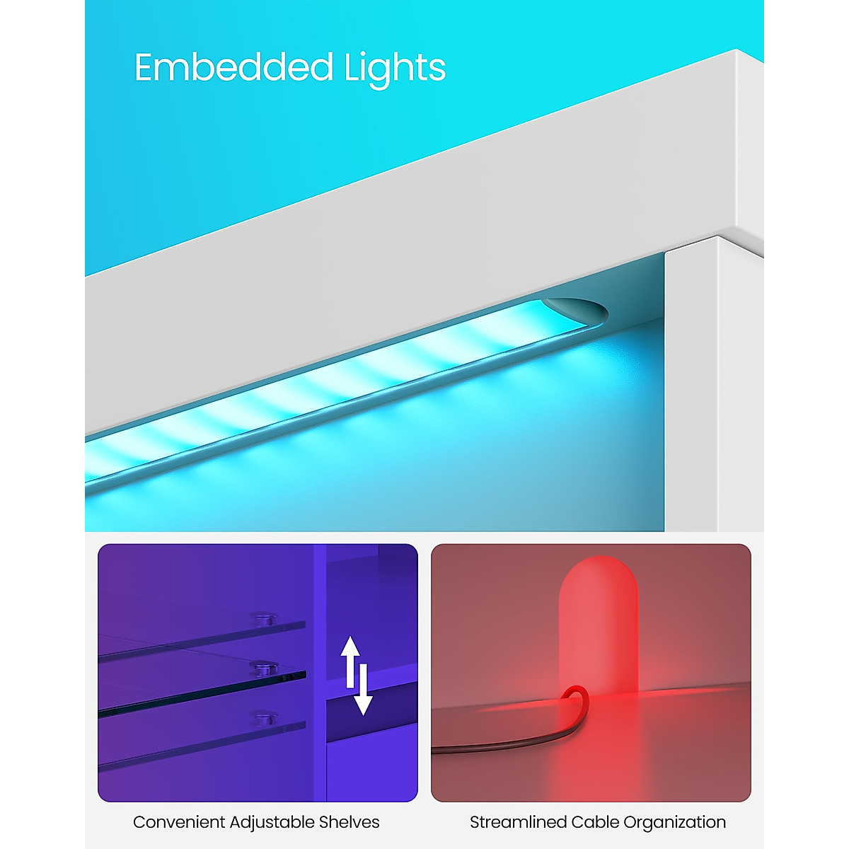 VASAGLE TV Stand with LED Lights for TVs up to 70 Inch, Entertainment Center with Open Glass Shelves, 2 Cabinets with Doors, 63-Inch Long, TV Console for Bedroom Living Room, White ULTV330T10