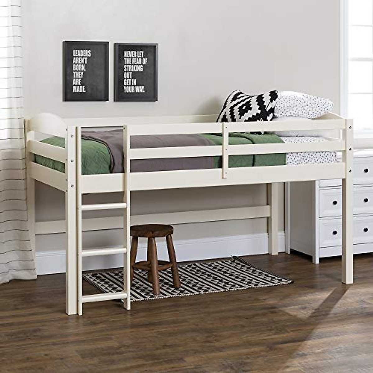 Walker Edison Della Classic Solid Wood Twin over Wood Loft Bunk Bed, Twin Size, White
