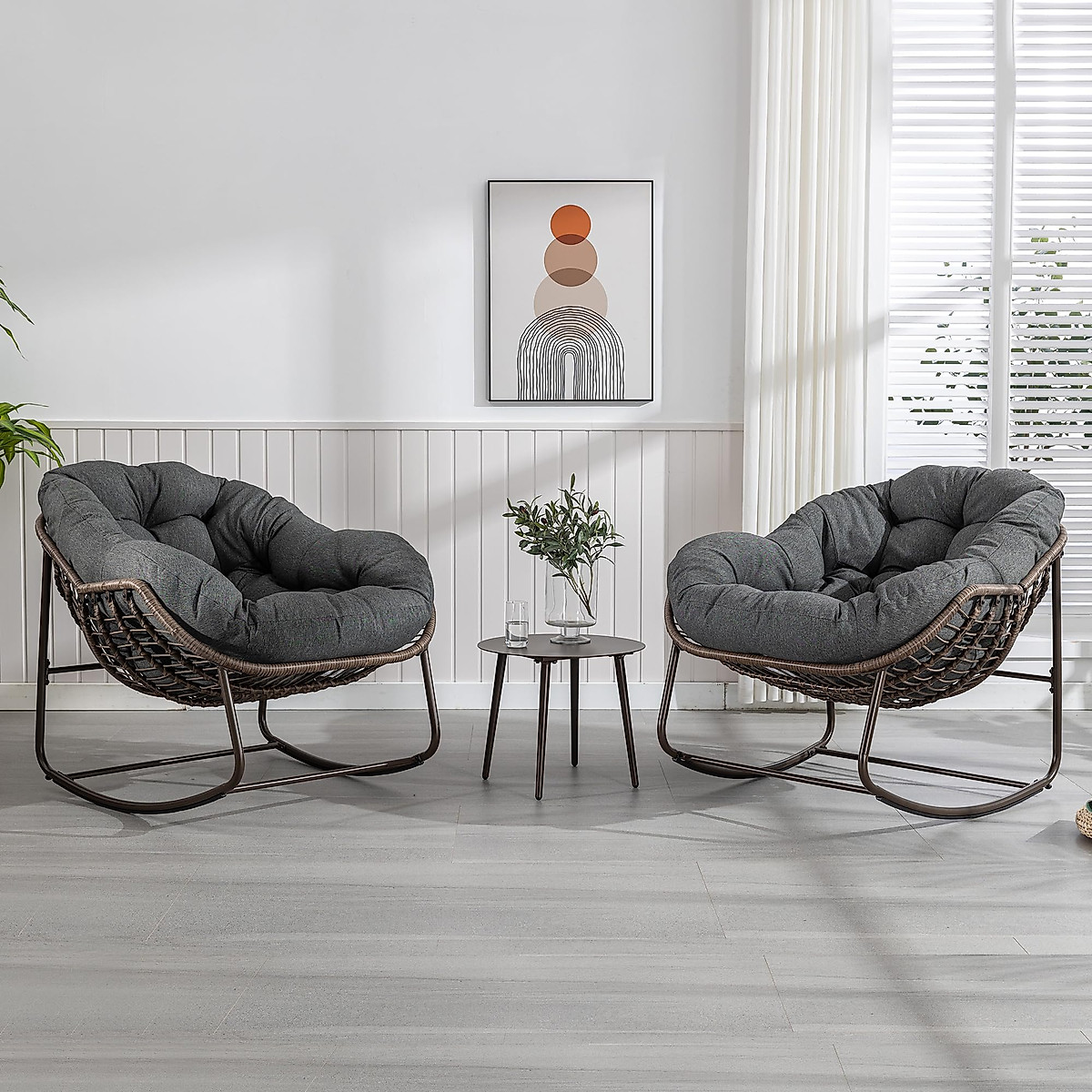 TURRIDU Rattan Outdoor Rocking Chair, Wicker Patio Egg Rocking Chair with Detachable Cushion, Indoor Papasan Chair for Living Room, Garden, Patio, Gray