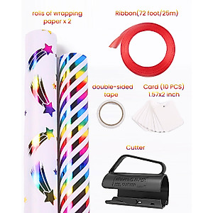 MONTPRO THMORT Birthday Wrapping Paper Roll with a Cutter Kit for Boys/Girls, Adults, Kids Foil mini rolls 17 X 120 Inch Gift Wrapping Paper Roll Colorful Foil Rainbow Silver. Includes double-sided