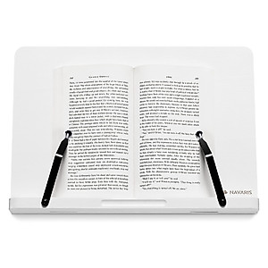 Navaris Bamboo Book Stand - Hands-Free Reading Recipe Cookbook Tablet Holder with 2 Adjustable Metal Page Holders with Grips - Bamboo Easel - White