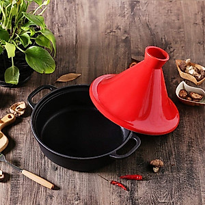 Casserole Dishes with Lids 7.9In Cast Iron Tagine, Enameled Cast Iron Tangine with Ceramic Lid (Red)