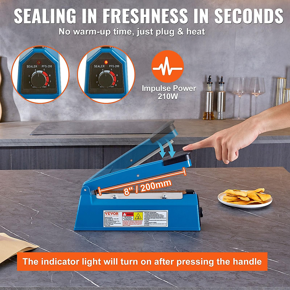 VEVOR Impulse Sealer 8 inch, Manual Heat Seal Machine with Adjustable Heating Mode, ABS Shrink Wrap Bag Sealers for Plastic Mylar PE PP Bags, Portable Poly Bag Sealing Machine with Extra Replace Kit
