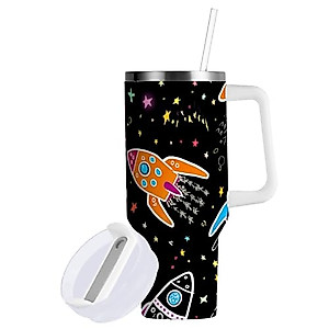 ODAWA 40oz Leak Proof Tumbler, Colorful Spaceships Stars Stainless Steel Vacuum Insulated Tumbler with Handle and Straw