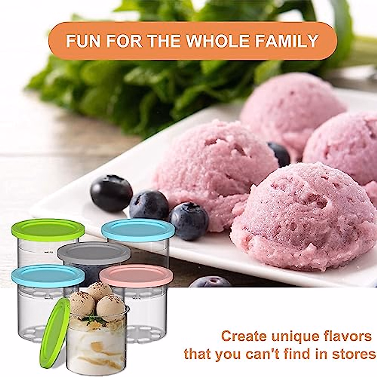 EVANEM 2/4/6PCS Creami Deluxe Pints, for Creami Ninja Ice Cream Deluxe,16 OZ Pint Frozen Dessert Containers Airtight,Reusable Compatible NC301 NC300 NC299AMZ Series Ice Cream Maker,Gray+Green-2PCS