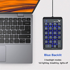 Rottay Number Pad, Mechanical USB Wired Numeric Keypad with Blue LED Backlit 22 Key Numpad for Laptop Desktop Computer PC Black (Blue switches)