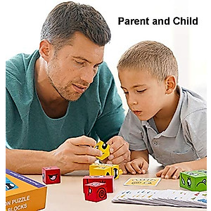 TACY Expressions Matching Wood Blocks Toy Making Emotion Game Challenge Cards for Children's Logical Thinking Intellectual Training Toys Parent-Child Board Game