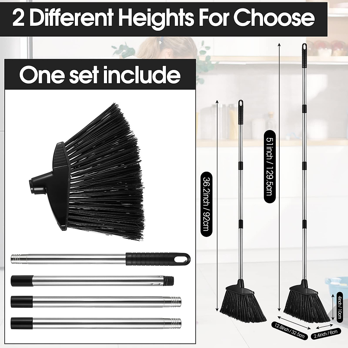 10 Pack Heavy Duty Broom Bulk, Outdoor Indoor Broom Commercial Angle Broom with Adjustable Long Handle Stiff Bristles Broom with 47 Inch Broomstick for Home Kitchen Office Patio Lobby Floor Sweeping
