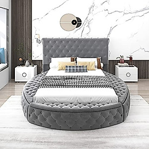 Round Upholstered Full Beds with Storage Modern Velvet Platform Bed with Deep Button Tufting Headboard and Footboard Tufted Bed with Storage Compartments in Rails and Ottoman, Gray