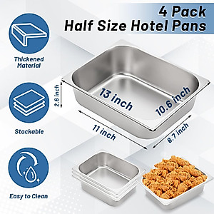 NDSWKR 4 Pack Half Size Hotel Pans, 1/2 Size 2.6 Inch Deep Stainless Steel Steam Table Pan, Anti-Jam Food Pan Chafing Pan for Home, Hotel, Party Catering Supplies