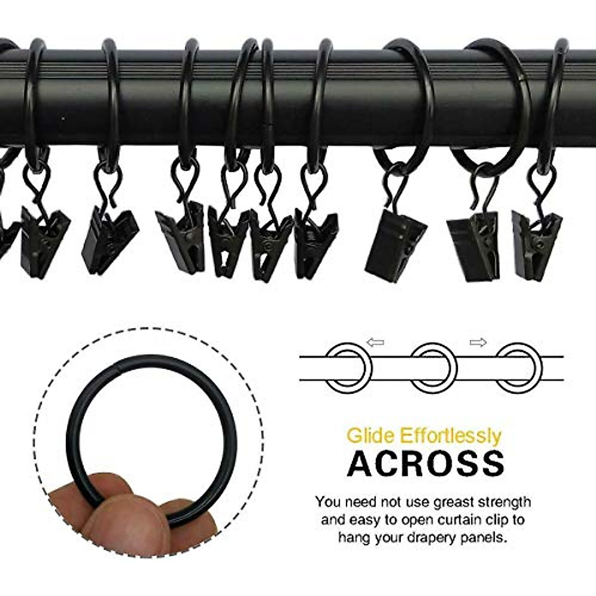 20 Pack Rustproof Curtain Rings with Strong Clips, Drapery Rings 2 Inch Internal Diameter