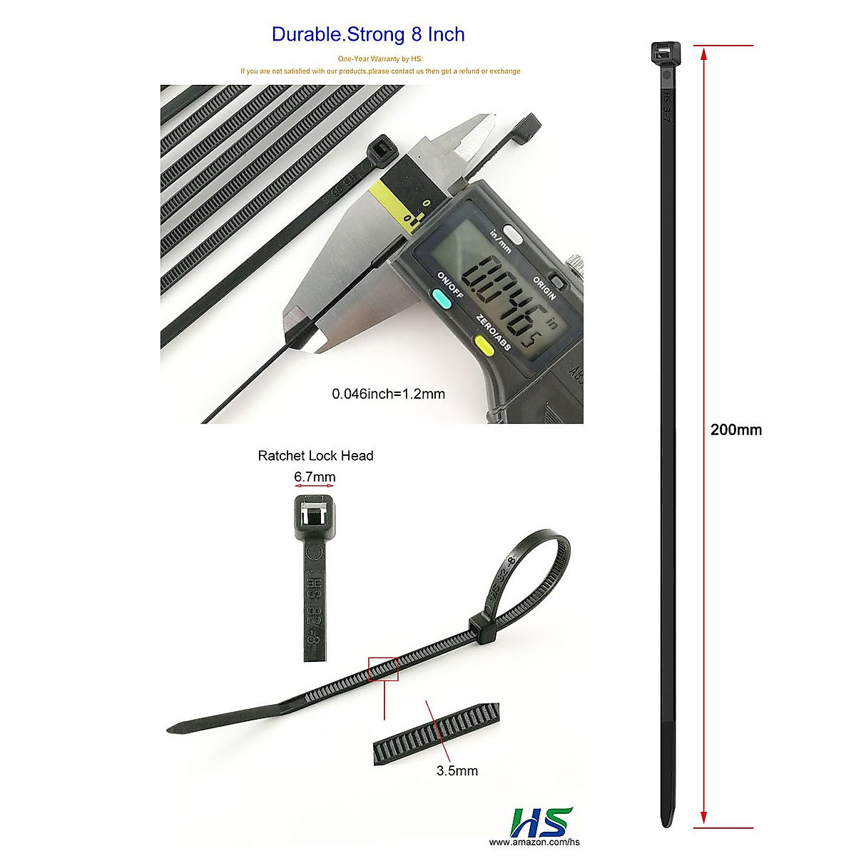 HS Durable Plastic Zip Ties 8 Inch (Bulk-1000 Pack) UV Black Cable Ties 40 Lbs Self-Locking Wire Ties Width 1/8 Inch,Outdoor Purpose