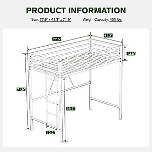 IMUsee Loft Bed Frame for Juniors&Adults, Metal Loft Bed Twin Size with Safety Guardrail&Removable Ladder, Space-Saving, Noise Free, Matte Black