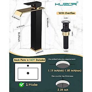 KUZOR 1PC Vessel Sink Faucet Brass Stainless Steel, Tall Bathroom Faucet 1 Hole 5-Minutes Installation - for Bathroom/Vanity/Bowl Sink - 11.26 Inch Height, 24.9 Oz Weight - Matte Black/Shiny Gold