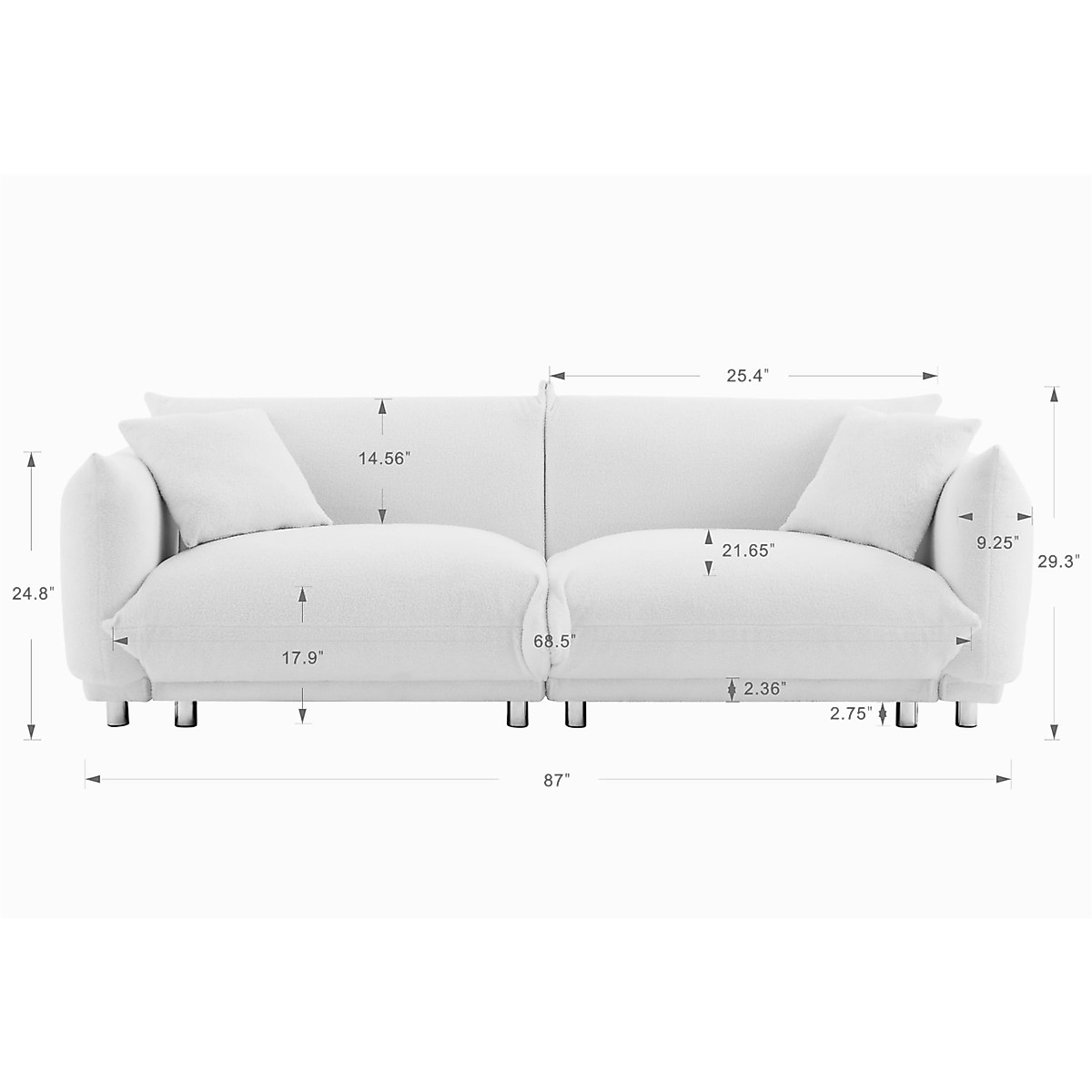 Sherpa Teddy Modular Sectional Sofa Cloud Couch, 87" Modern Luxury Contemporary 3-Seat Loveseat with Metal Legs, Lambswool Fabric Cloud Sofa&Couches for Living Room Furniture Sets,2 Pillows