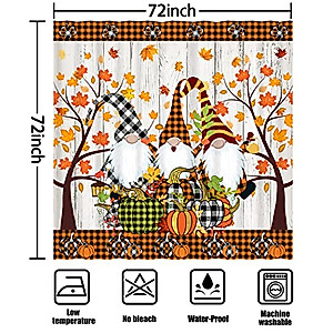 Belperan Fall Maple Leaves Gnome Shower Curtain,Autumn Buffalo Plaid Pumpkins Shower Curtain for Bathroom Decor,Rustic Waterproof Fabric Bathtubs Decor Set with 12 Hooks, 72 x 72 Inch