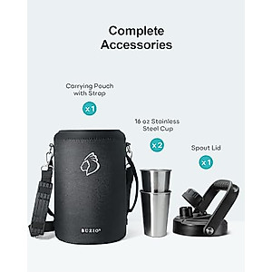 BUZIO One Gallon Water Bottle Insulated, 128oz Stainless Steel Water Bottle, 18/8 Food-Grade Beer Growler with Carrying Pouch and Two Stainless Steel Cups, Hot Cold Thermo Canteen Mug, Black