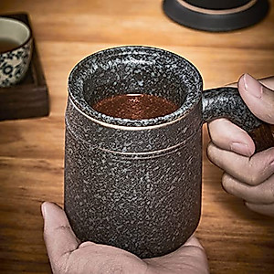 Fosenw Ceramic Tea Mug,Chinese Tea Cup with Lid,Sandalwood Handle and Infuser for Filtering Loose Tea Leaves,12 oz (Bluestone)