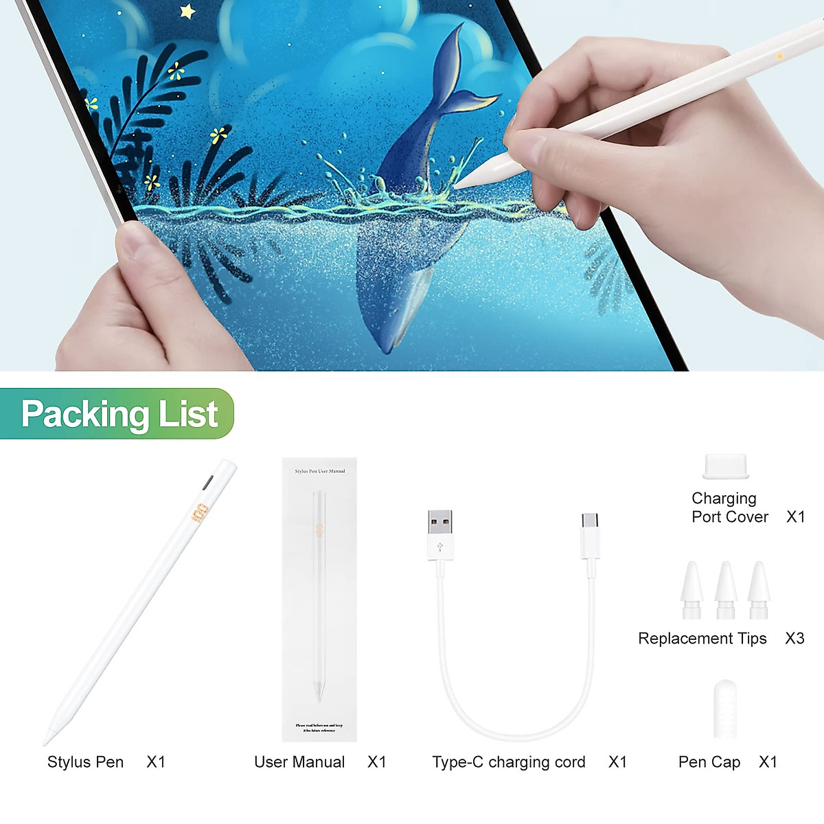 Stylus Pen for iPad with LED Power Display, Capacitive Stylus MKQ Active Pencil with Palm Rejection, Tilt Sensitivity, Magnetic Function, Compatible with iPad 2018 and Later Versions