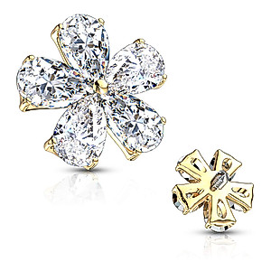 FIFTH CUE 14G Five Pear CZ Flower 316L Surgical Steel Internally Threaded Dermal Anchor Top (Gold/Clear)