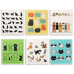 Whaline 6 Pack Cat Dishcloths Reusable Washable Mixed Cat Swedish Towels Cotton Absorbent Cleaning Cloth Hand Towels Decoration for Kitchen Towel Home Clean Bathroom Office Kitchen Gifts