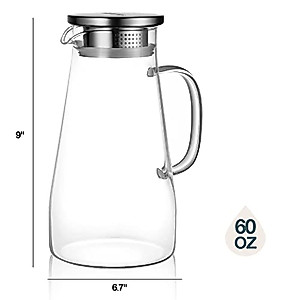 Glass Pitcher with Stainless Steel Lid - 1.8L / 60 oz Glass Jug - Hot & Cold Beverages - Lemonade, Juice, Iced Tea, Milk, Coffee - Heat Resistant Glass - Handle & Spout Carafe - Premium Gift Box