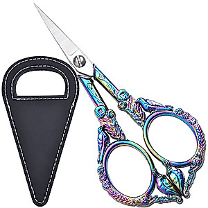 HITOPTY Vintage Embroidery Scissors, 4.6in Small Sharp Tip Sewing Scissor w/ Black Case, Rainbow Craft Shears Detail Yarn Thread Snips for Cross Stitch Needlework DIY Art Handicrafts Tool