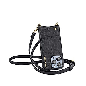 Bandolier Emma Crossbody Phone Case and Wallet - Black Leather with Gold Detail - Compatible with iPhone 14 Pro