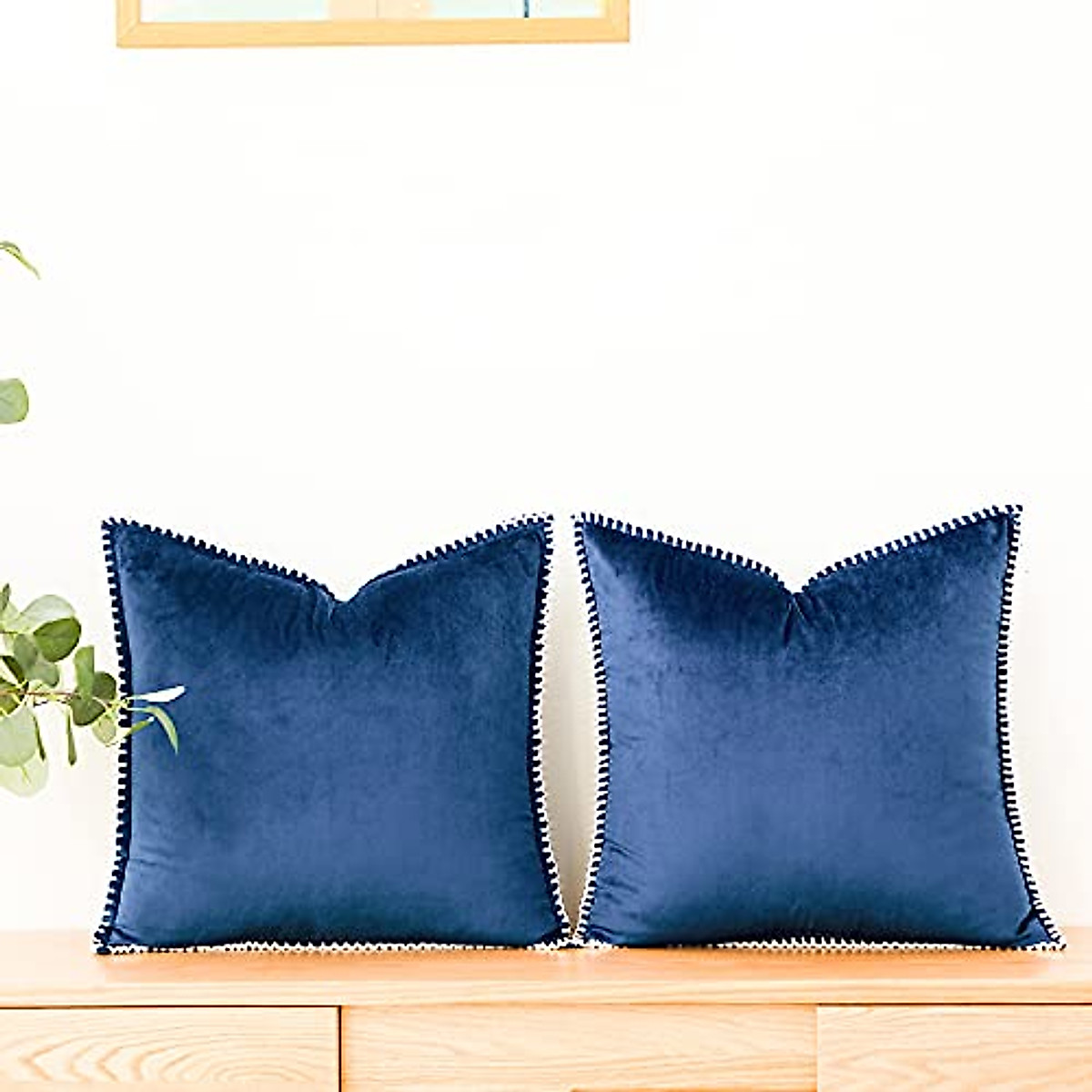 GAWAMAY Gray Throw Pillow Covers 16x16 Inch Soft Navy Blue Velvet Pillow Cover with Modern Chenille Edge, Winter Farmhouse Decorative Pillow Caces for Holiday Living Room Sofa Couch Beding (40x40cm)