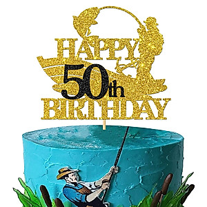 Fisherman Happy 50th Birthday Cake Topper - Fishing 50th Birthday Cake Decor Supplies - Fishing Enthusiasts 50th Birthday Party Decorations - Gold Glitter (50th)