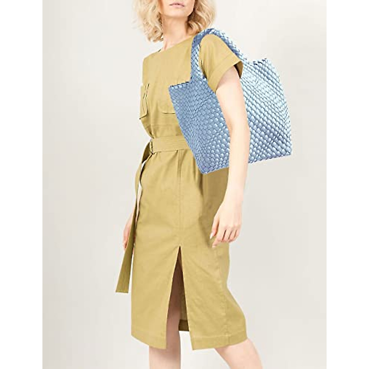 Large Woven Tote Handbags Women Vegan Leather Shoulder Top-Handle Travel Tote Bag Fashion Lady Underarm Shopper Bags + Purse Blue